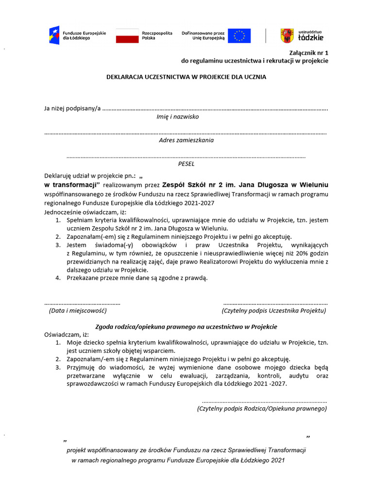 2024.09 P03 Załącznik NR 1. Deklaracja Uczestnictwa | PDF