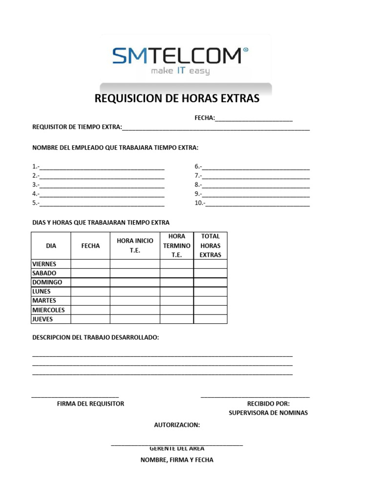 Formato de Tiempo Extra | PDF
