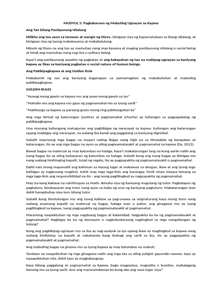 MODULE 5 Pagkakaroon NG Mabuting Ugnayan Sa Kapwa | PDF