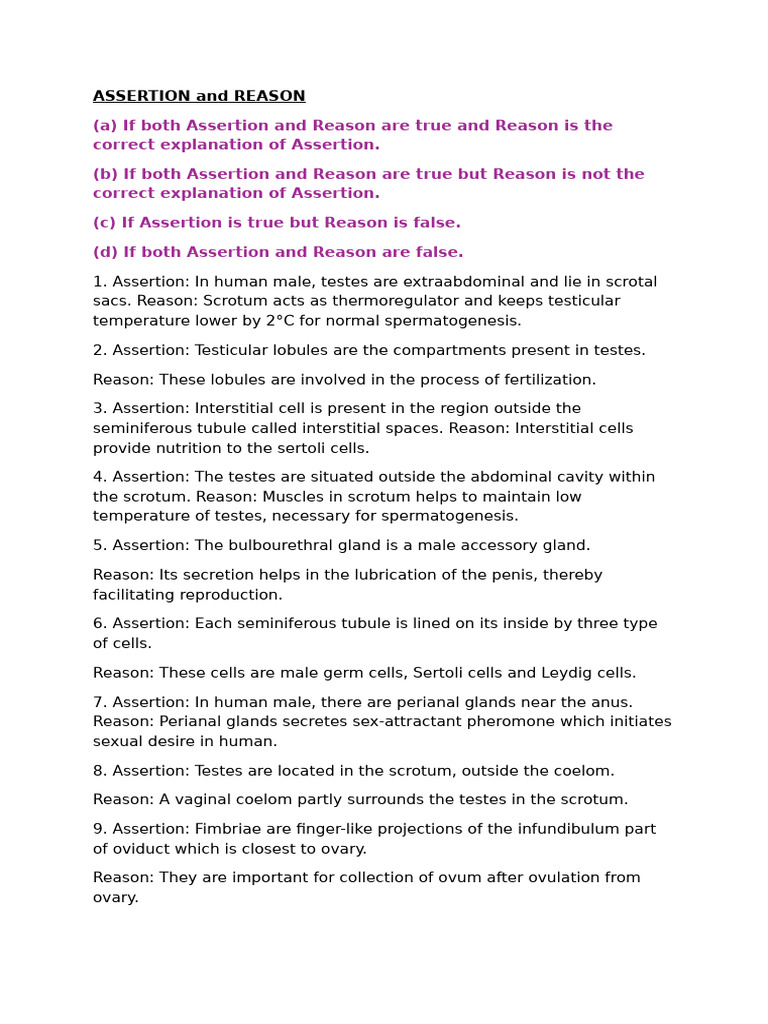 CLASS 12 Assertion and Reason | PDF | Testicle | Menstrual Cycle