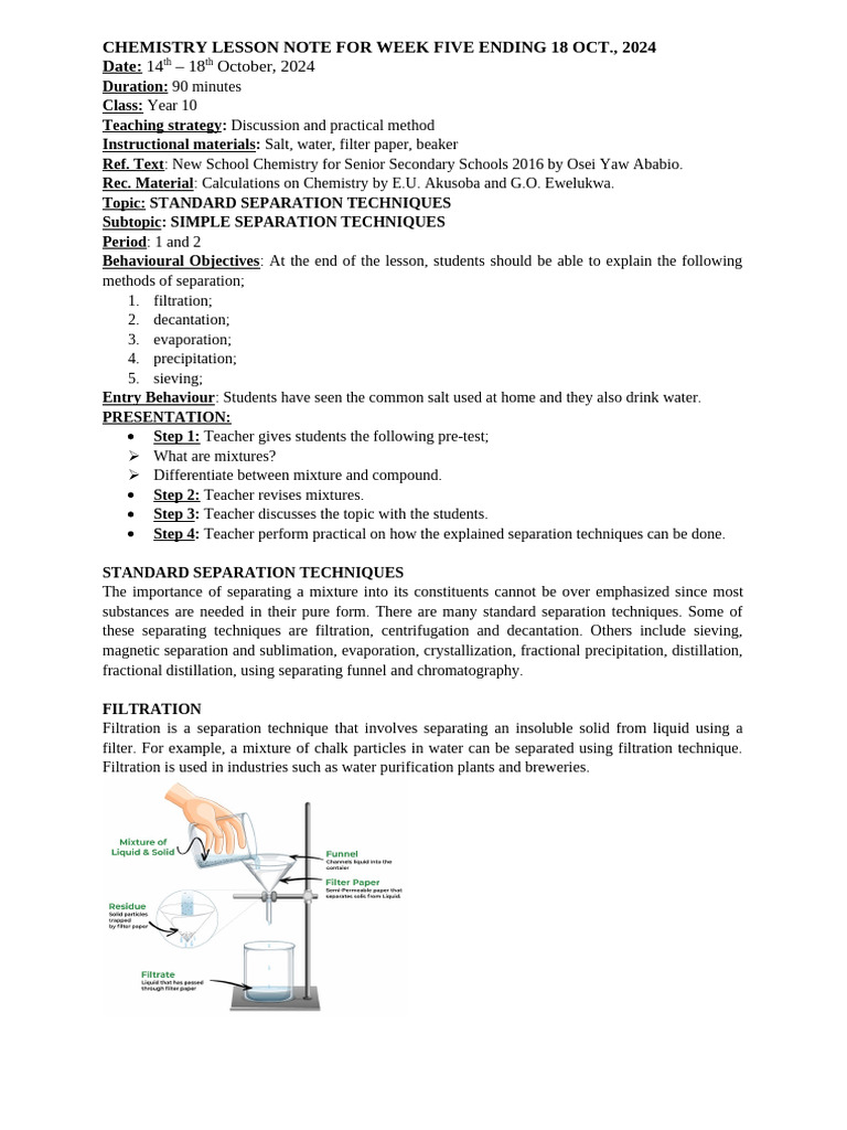 Chemistry Lesson Note For Week 5 | PDF | Filtration | Solubility