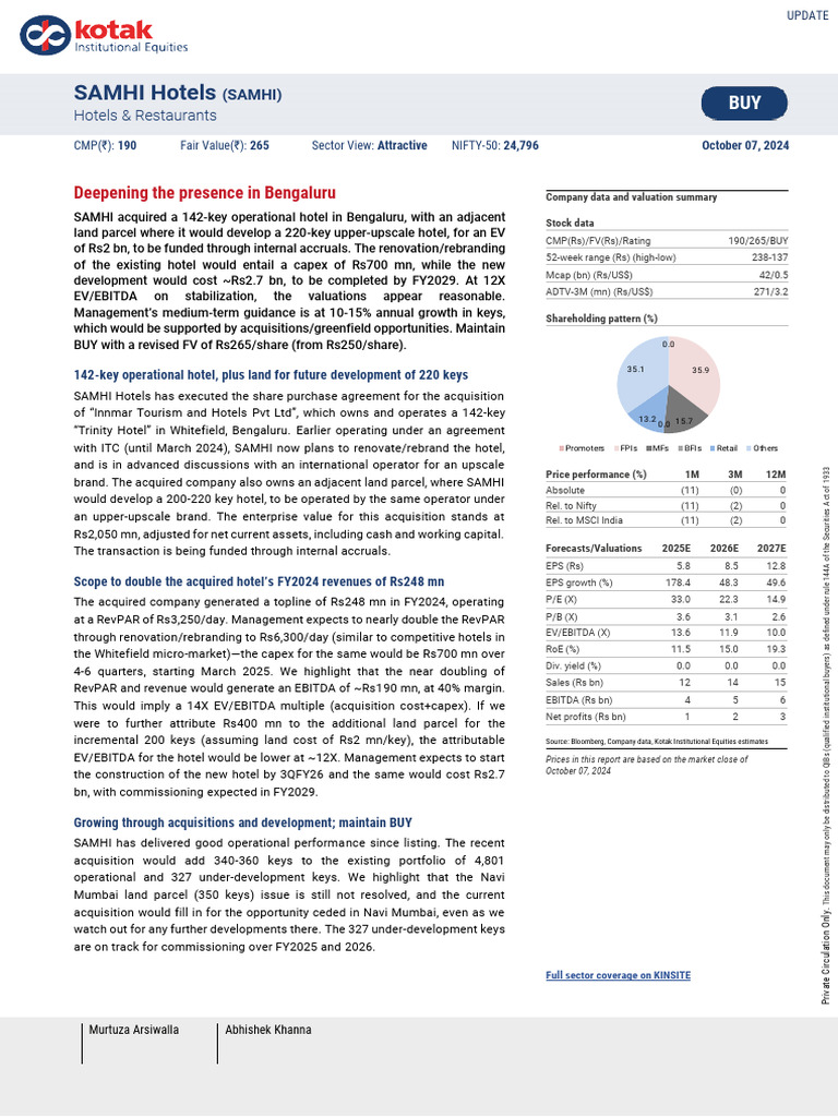 1 SAMHI Hotels 07oct24 Kotak Inst | PDF | Free Cash Flow | Working Capital