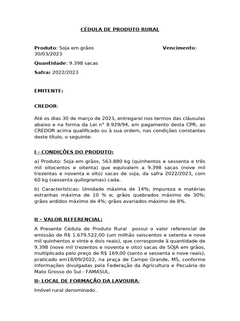 Cédula de Produto Rural | PDF | Agricultura