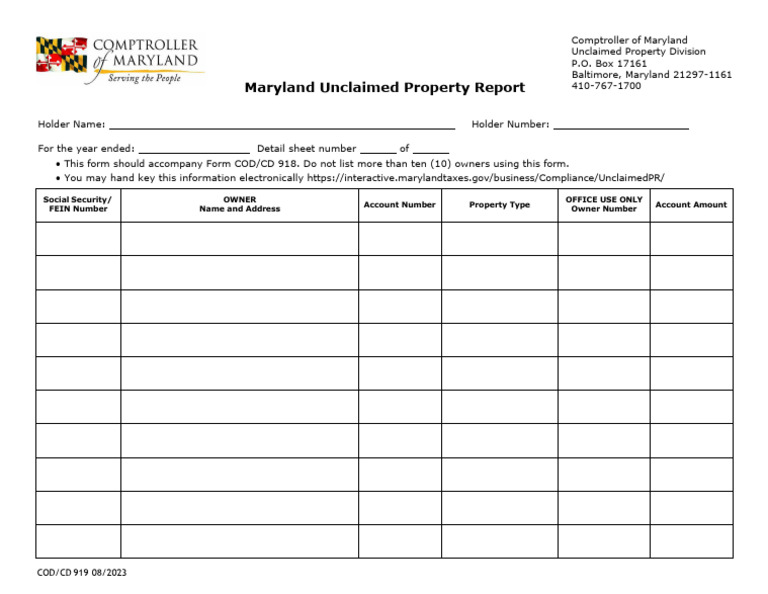 Maryland Unclaimed Property Report Form | PDF