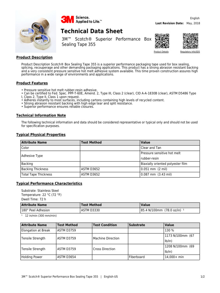 3M Scotch Box Sealing Tape 355 Data | PDF | Safety | Occupational ...