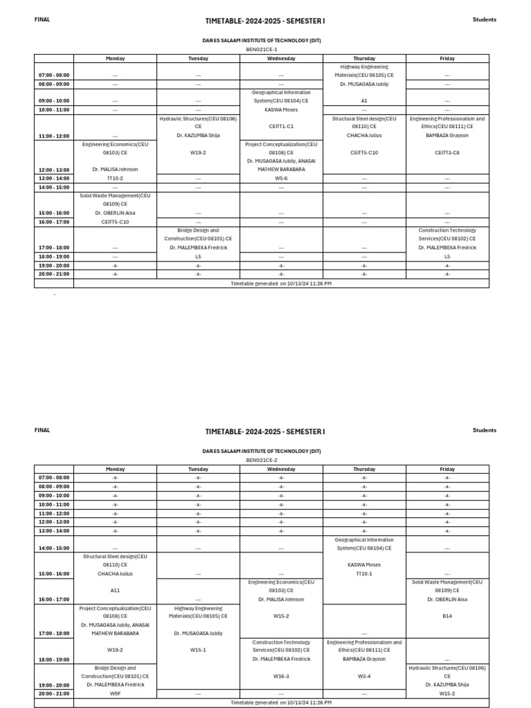 Timetable - Academic Year 2024-2025 - Semester I - Final | PDF | Engineering | Physical Sciences