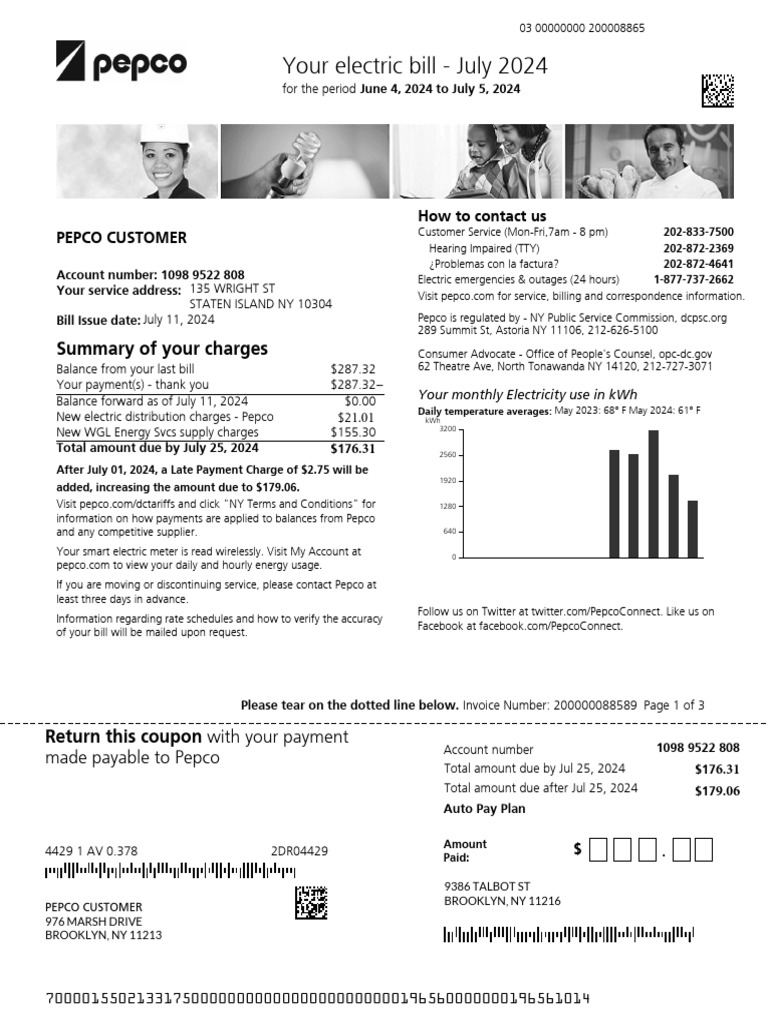 July 2024 Pepco Electric Bill Summary | PDF