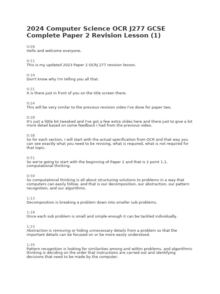 2024 Computer Science OCR J277 GCSE Complete Paper 2 Revision Lesson (1 ...