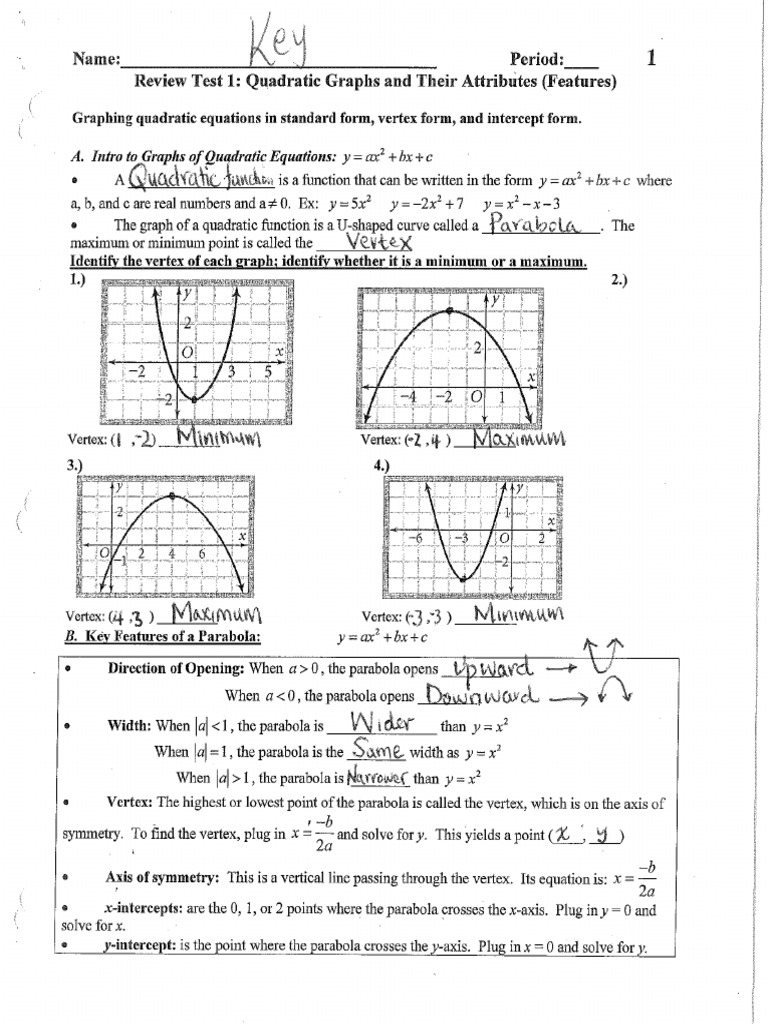 KEY - Test 1 Quadratic Functions Review | PDF