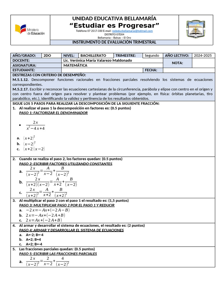 EVA MATE 2do BGU-2T (24-25) | PDF | Elipse | Matemática Elemental