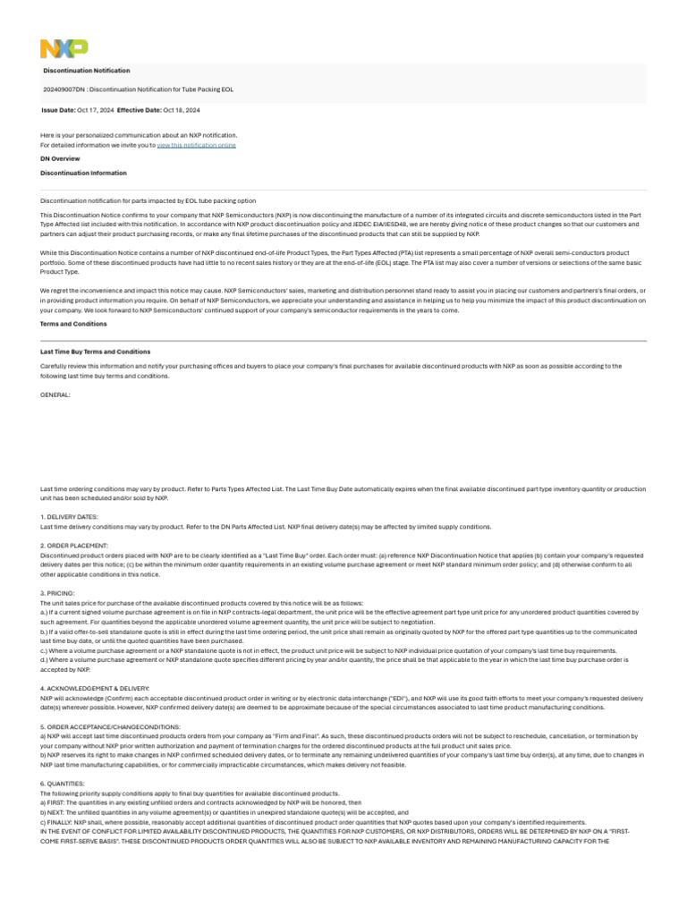 NXP 202409007dn 10212024 Eolupdate | PDF | Prices | Inventory