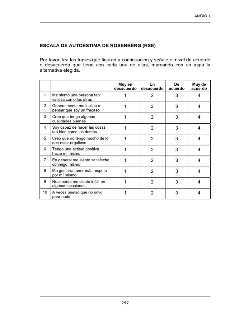 ESCALA DE AUTOESTIMA DE ROSENBERG (RSE) | PDF
