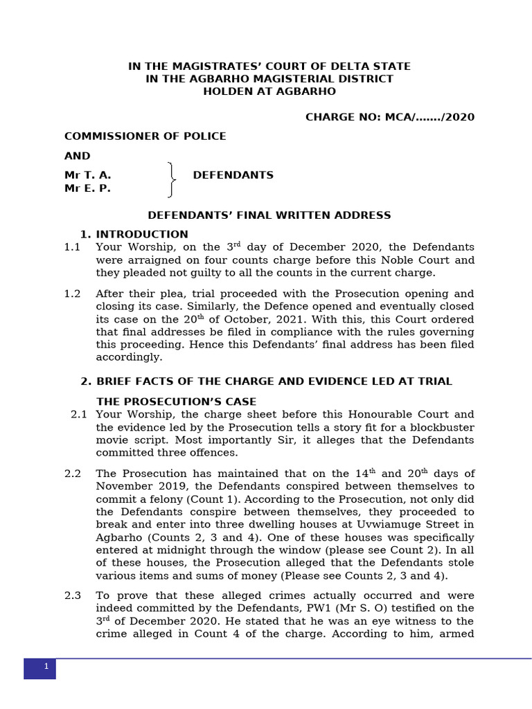 Sample Final Written Address in A Criminal Matter 2 | PDF | Burden Of Proof (Law) | Mens Rea