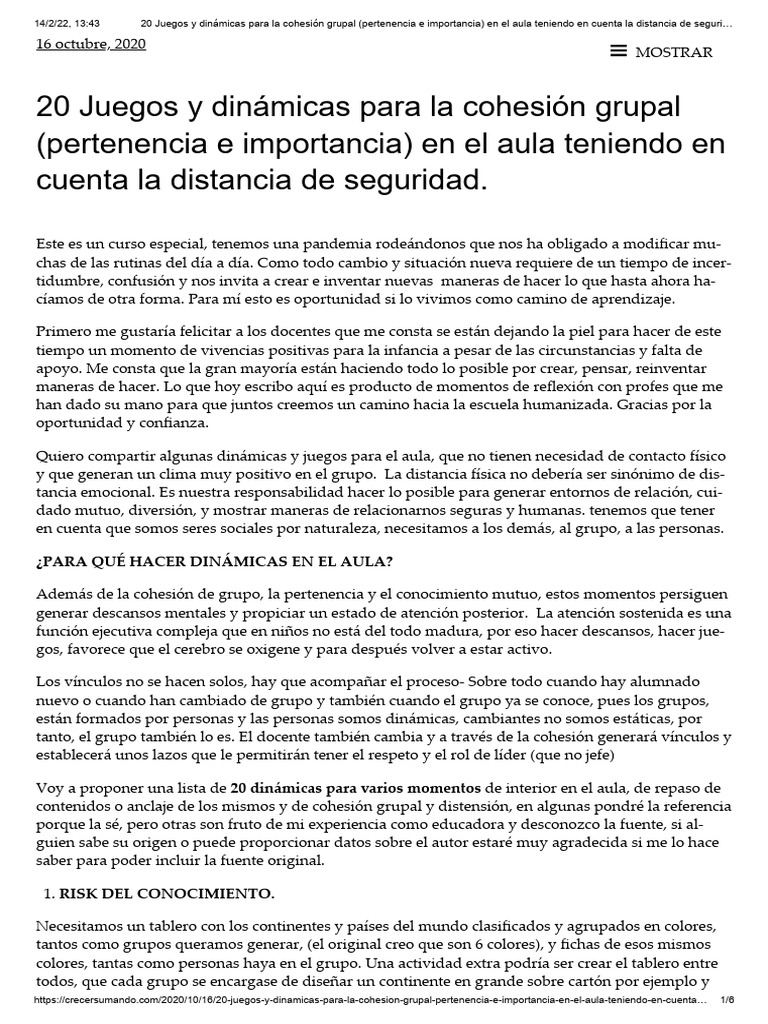 Juegos y dinámicas para cohesión grupal | PDF | Salón de clases