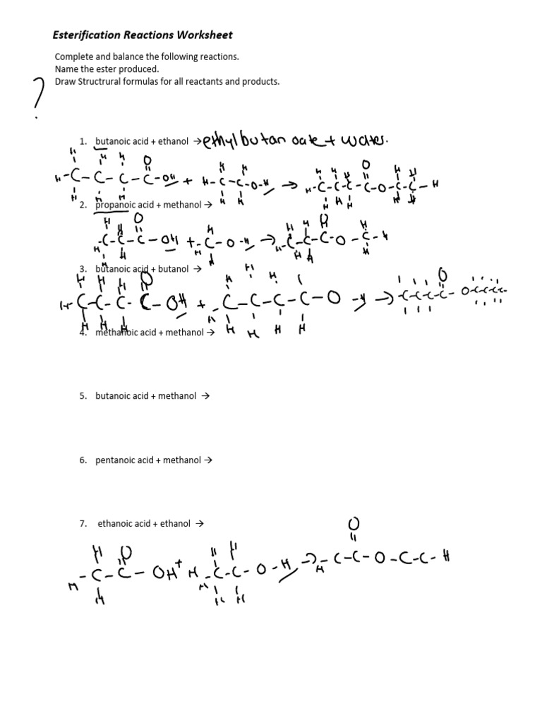 Esterification Reactions Worksheet | PDF