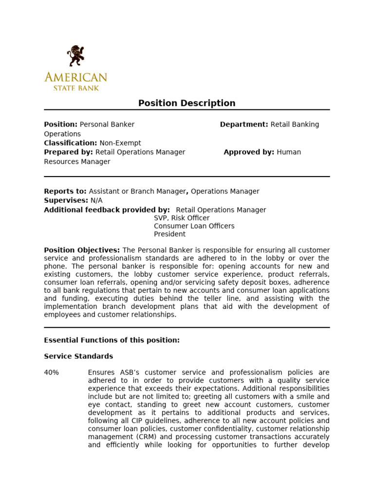Personal Banker Job Description | PDF | Banks | Regulatory Compliance