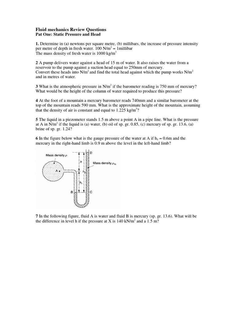 Fluid Mechanics Review Questions | PDF | Pressure | Pressure Measurement