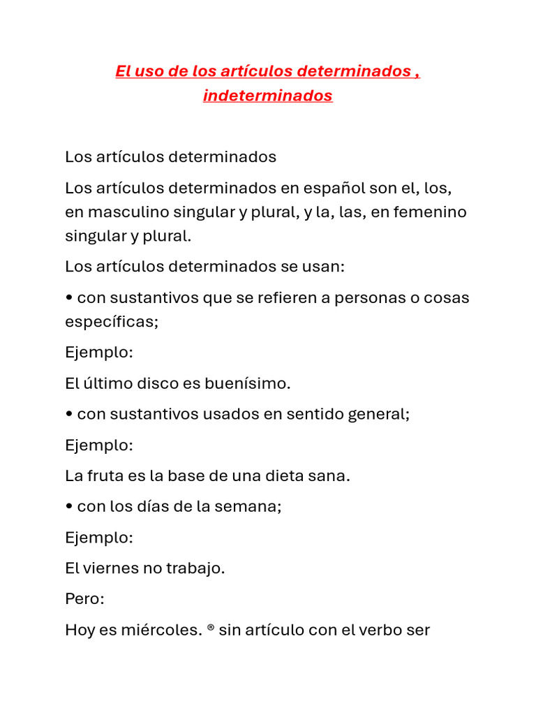 El Uso de Los Artículos Determinados, Indeterminados | PDF | Plural ...