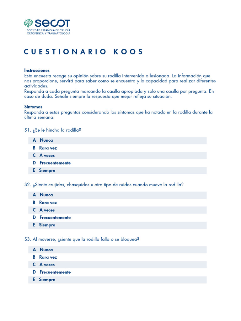 Encuesta KOOS sobre salud de rodilla | PDF | Rodilla | Articulaciones