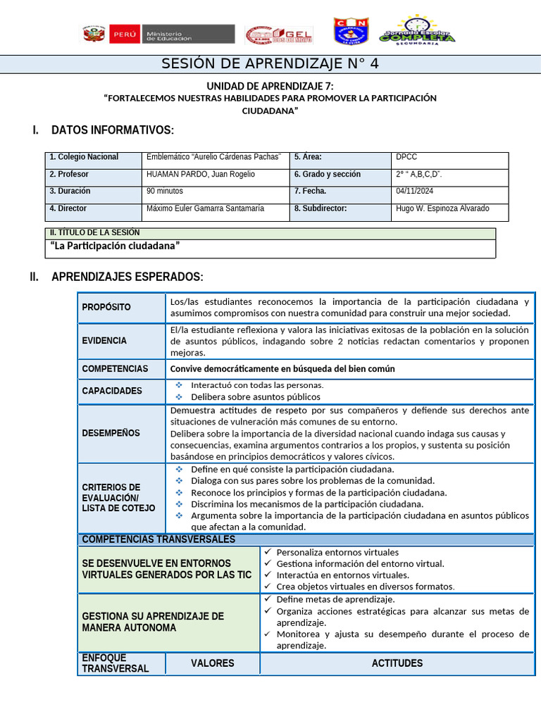 Jrhp-2º DPCC - Ses 4 Uni 7 - Sem 04 | PDF | Participación pública | Aprendizaje