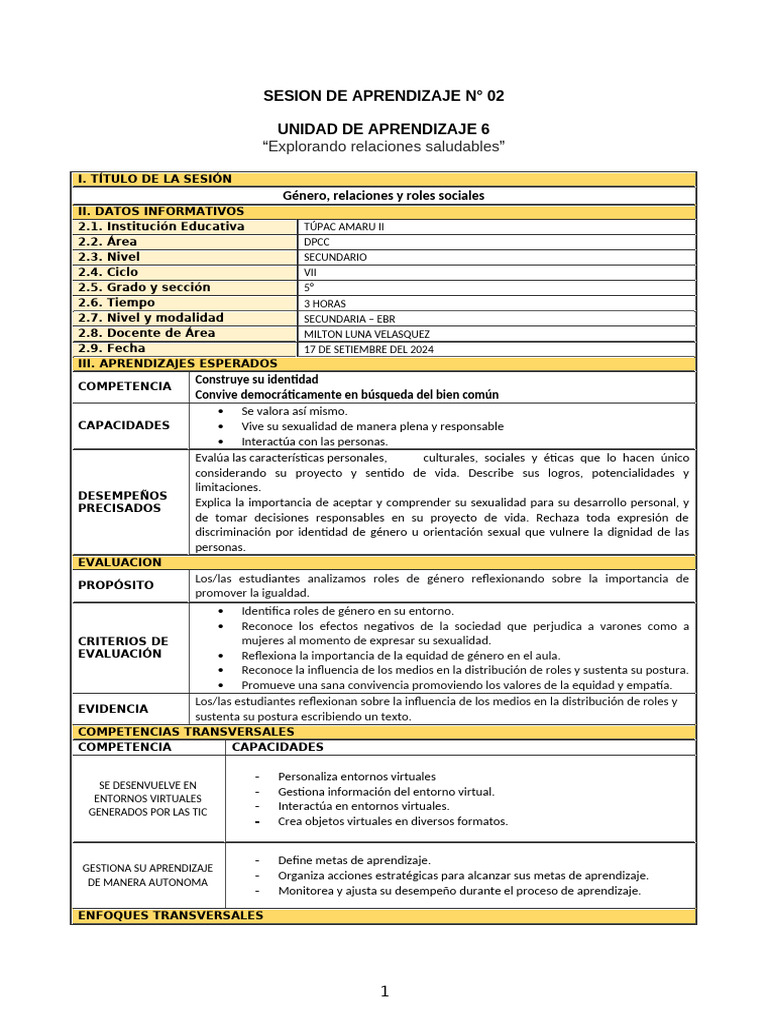 5º Ses Act 2 Unid.6 - DPCC 2024 | PDF | Maestros | Aprendizaje