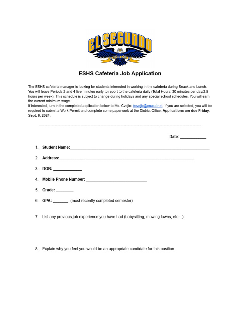 ESHS Cafeteria Job Application | PDF | Career & Growth