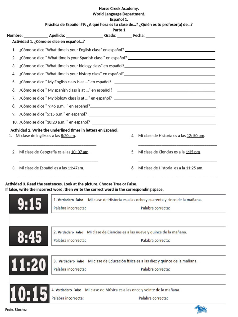 ¿A qué hora es tu clase de español? | PDF | Artes del Lenguaje y ...