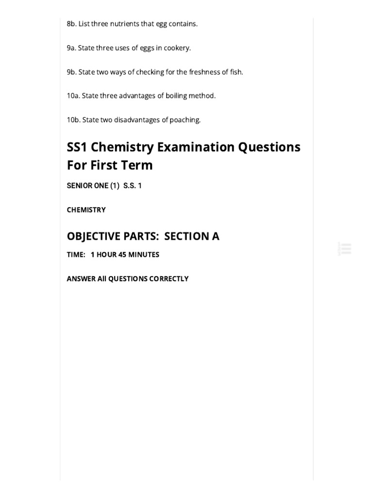 SS1 Examination Questions For First Term | PDF | Atoms | Chemical Elements