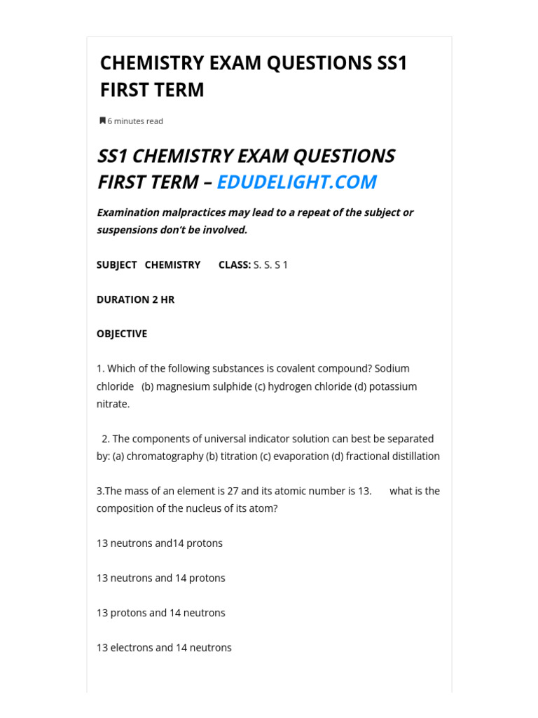 Chemistry Exam Questions SS1 First Term | PDF | Hydroxide | Acid