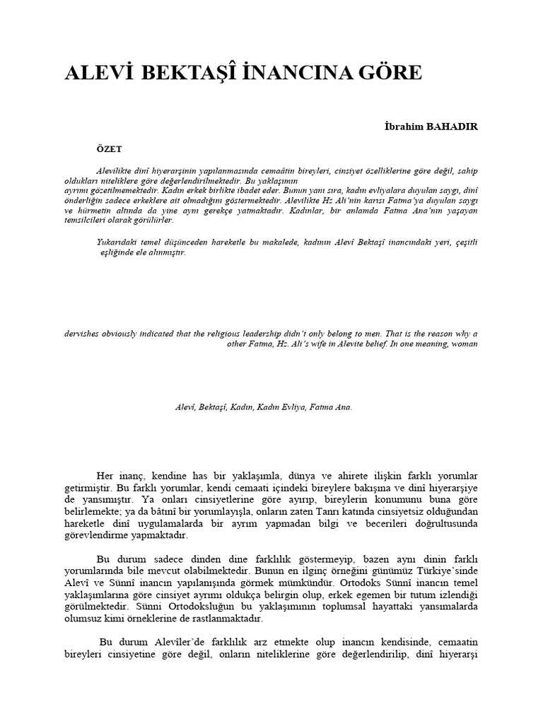 İbrahim Bahadır - Alevi Bektaşi İnancına Göre Kadın (Makale) | PDF