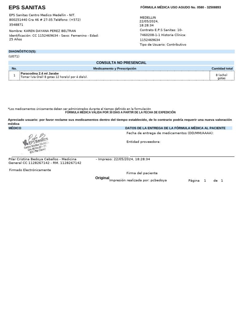 Formula Medica Sanitas | PDF | Lavado de manos | Ciencias de la Salud