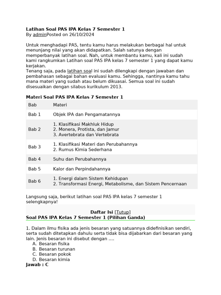 Soal PAS IPA Kelas 7 Semester 1 Ok | PDF | Sains & Matematika