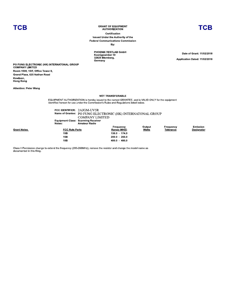 TCB - Gran of Equipment Authorization | PDF