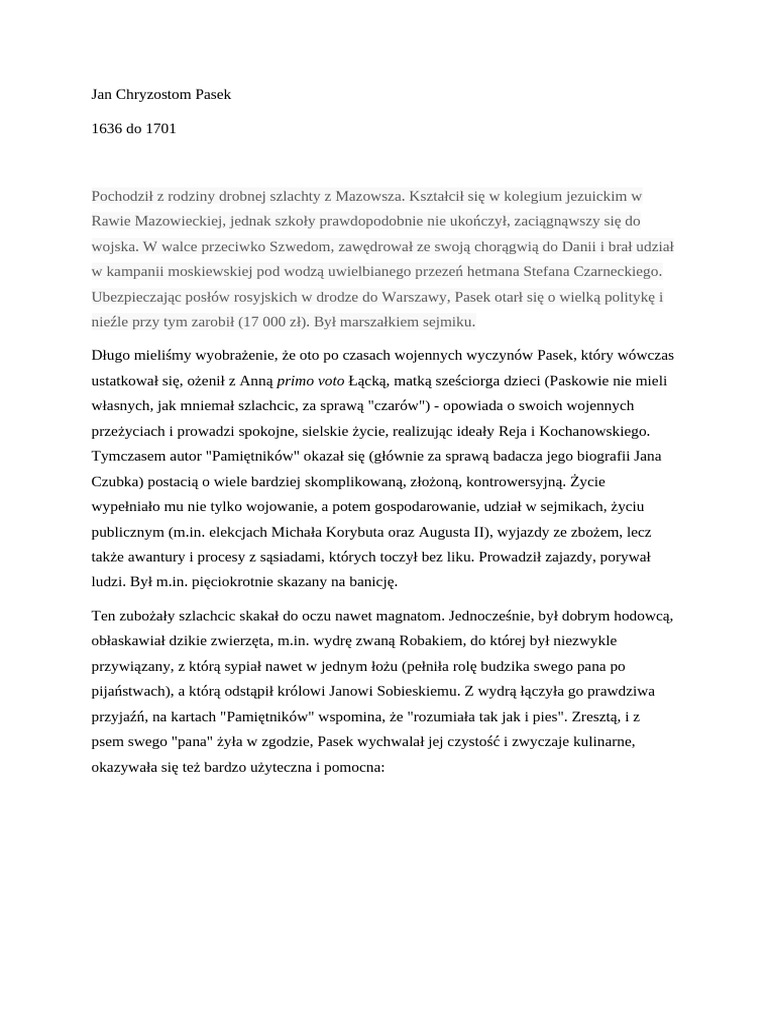 Życie Jan Chryzostom Pasek | PDF