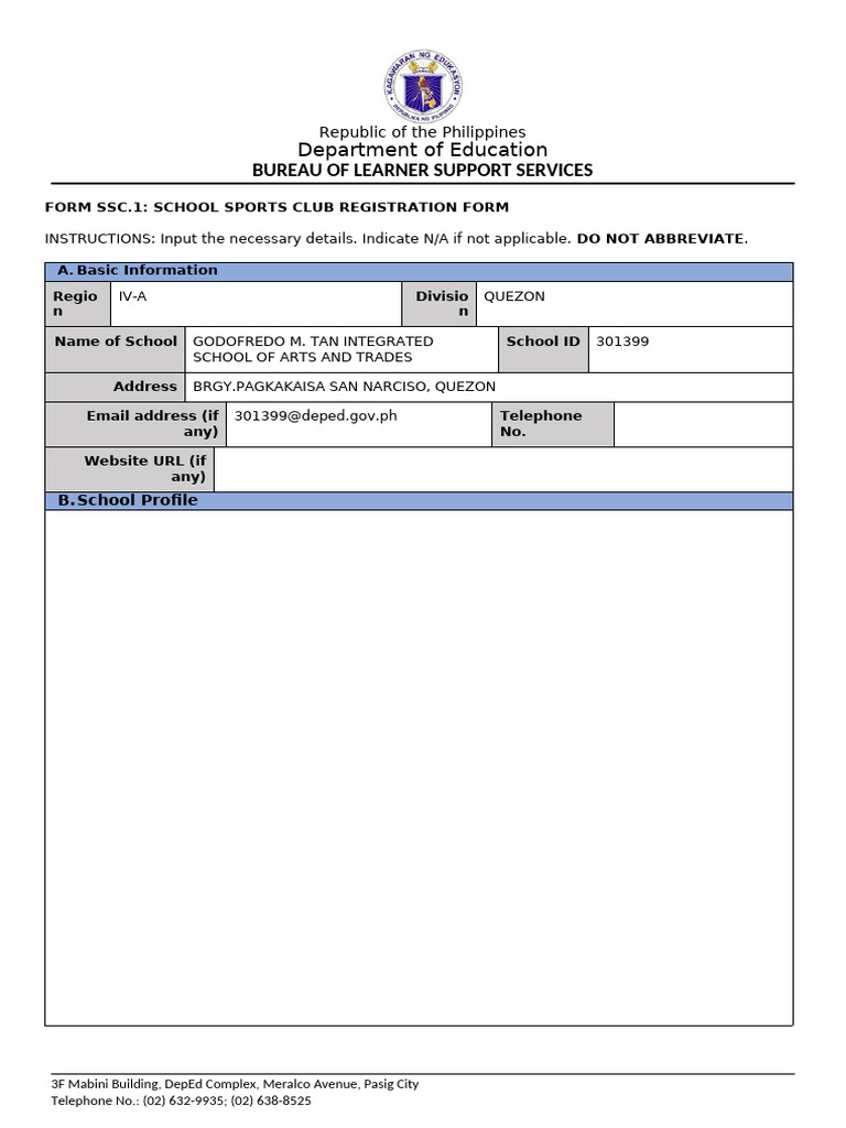 School Sports Club Registration Form | PDF