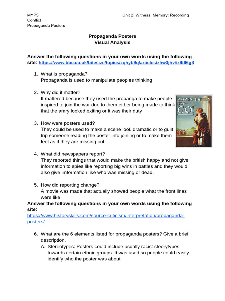 Propaganda Posters WWI Worksheet 1 | PDF | Propaganda | Psychology