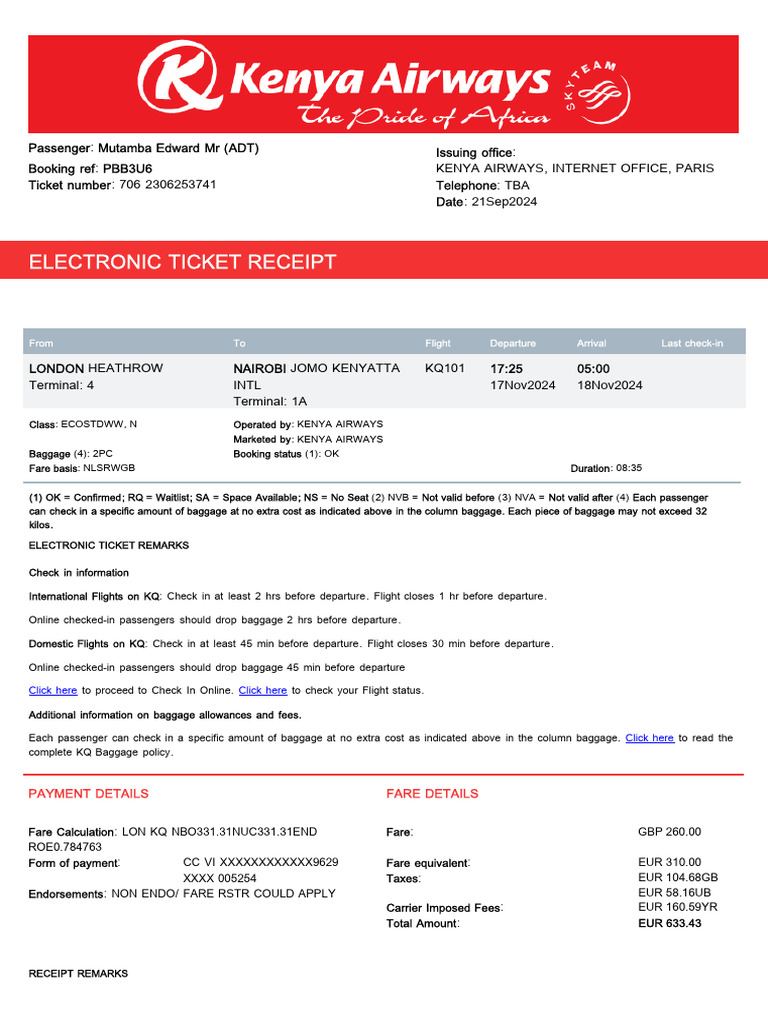 Kenya Airways E-Documents For EDWARD MUTAMBA | PDF | Business