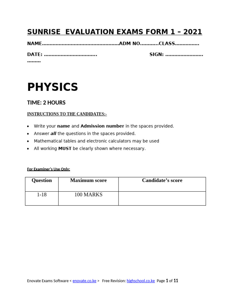 Form1 End of Term 1 Exams | PDF | Pressure | Metrology