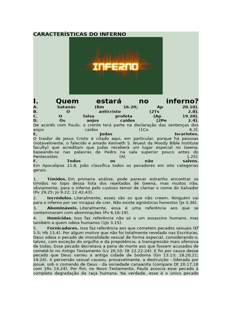 CARACTERÍSTICAS DO INFERNO | PDF | Pecado | Inferno