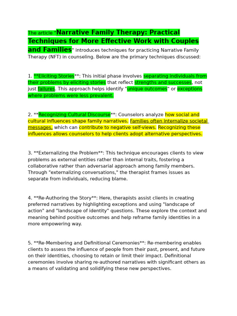 Narrative Family Therapy Practical Techniques Article | PDF
