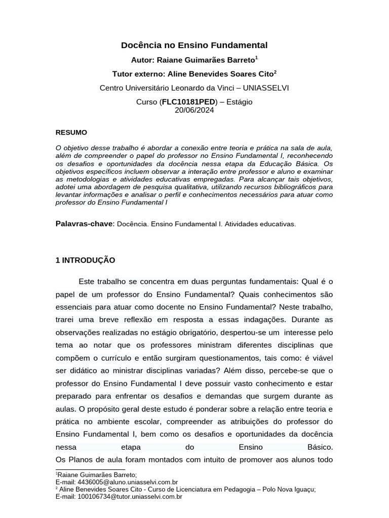 Paper de Estágio Docência no Ensino Fundamental | PDF | Pedagogia ...