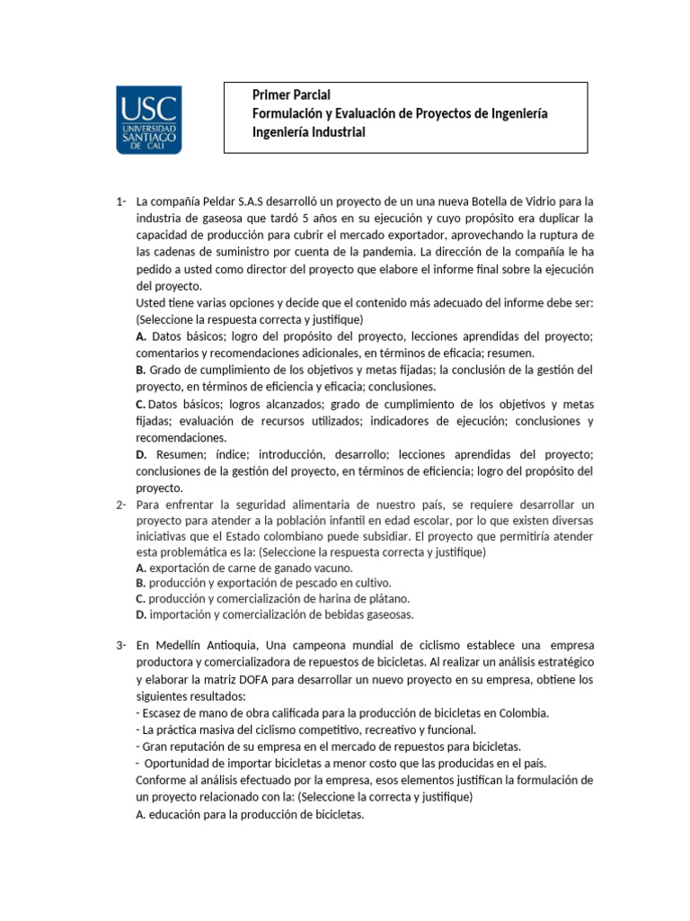 Parcial 1 Formulación y Evaluacion de Proyectos | PDF | Marketing | Business