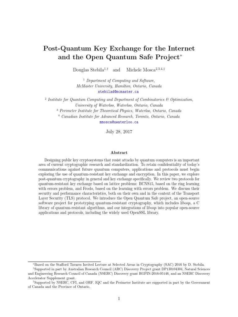 Post-Quantum Key Exchange For The Internet and The Open Quantum Safe Project | PDF ...