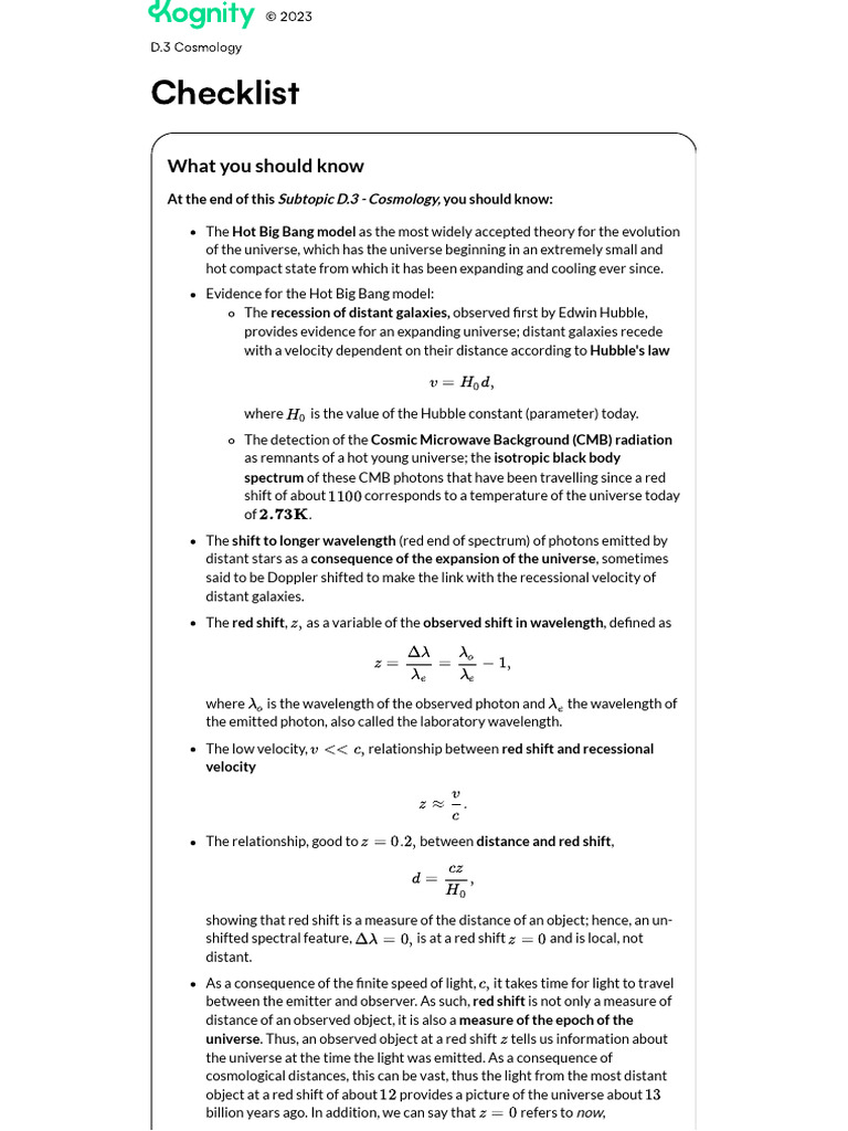 Checklist - IBDP Physics HL FE2016 - Kognity-7 | PDF | Big Bang | Universe