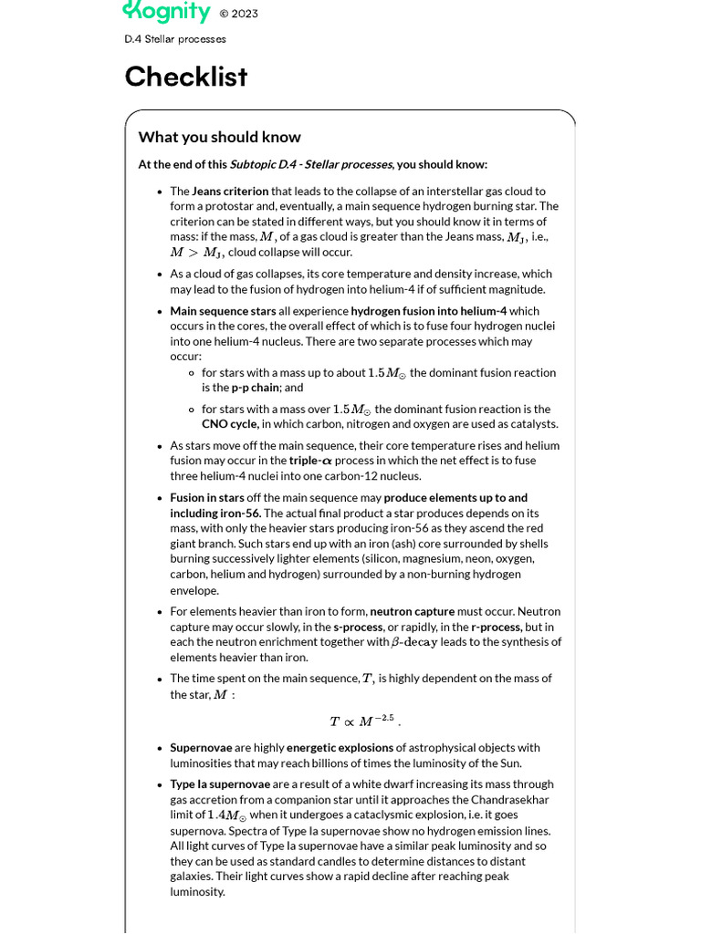Checklist - IBDP Physics HL FE2016 - Kognity-Part 4-5 | PDF | Supernova | Stars