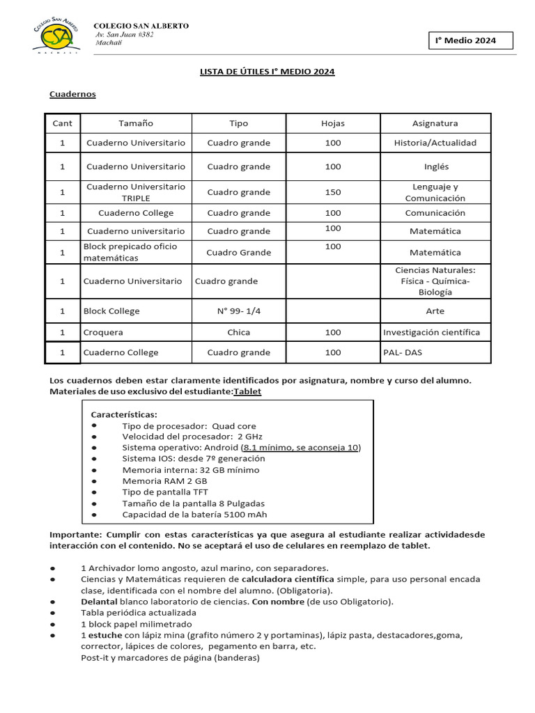 LISTA Io Medio 2024 | PDF | Lápiz | Cuaderno
