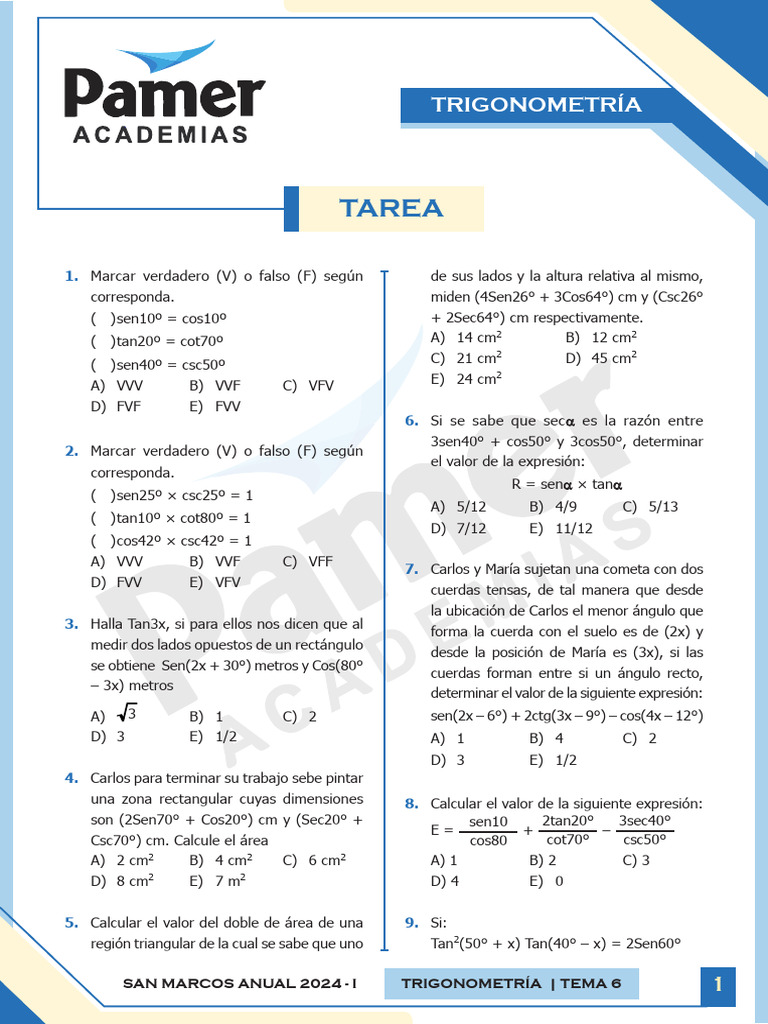 TRIGONOMETRIA_Tarea_Sem_6 | PDF | Trigonometría | Geometría Elemental