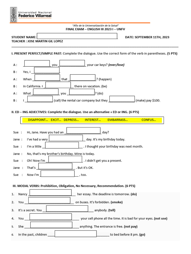 Final Exam English 3 Unfv 2023 I-1 | PDF | Grammar | Linguistics
