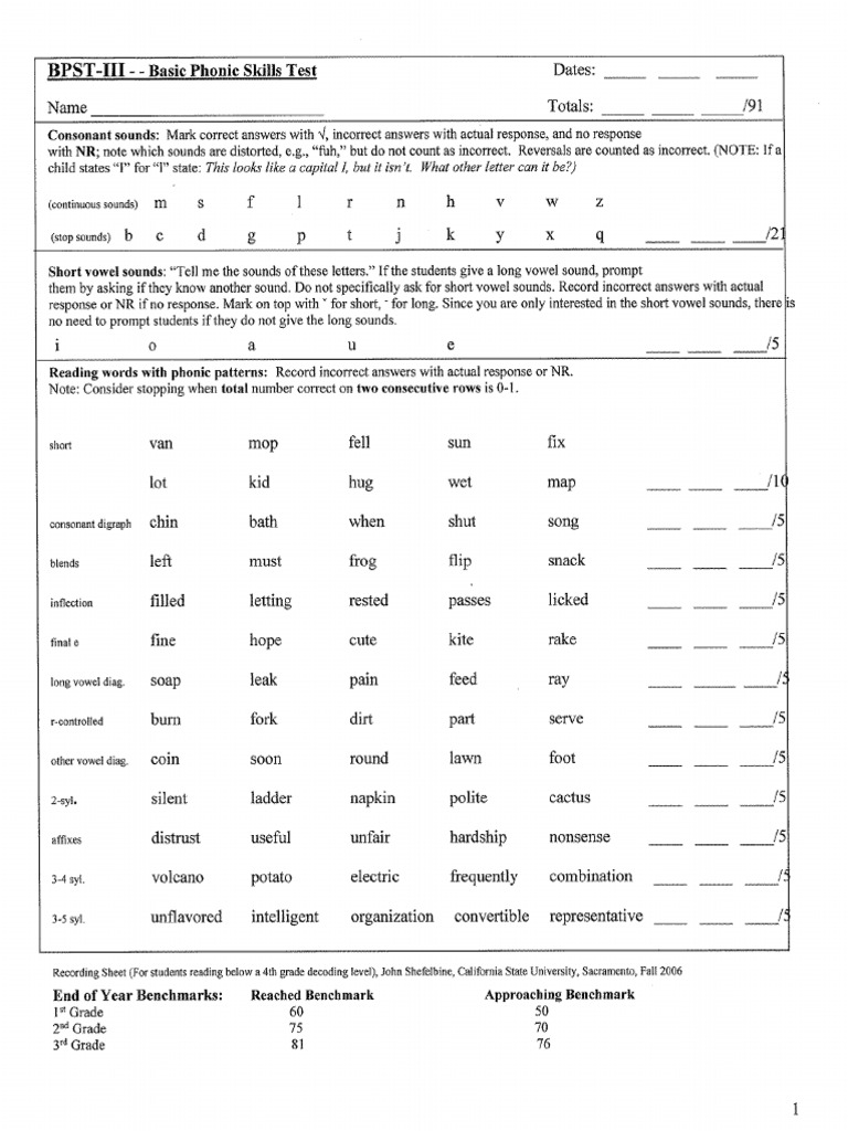 Basic Phonic Skills Test - BPST III Assessment | PDF