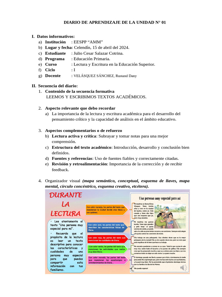 Diario 1 Lec. y Escrit. 2024-1 | PDF | Maestros | Aprendizaje